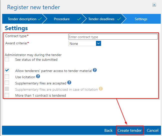Create a tender – SupportCenter